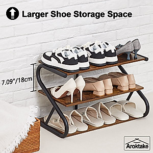 Aroktake 3-Tier Shoe Rack, Z-Frame Wooden Shoe Shelf with Durable Metal Shelves for Hallway, Living Room, Closet, Bedroom (Rustic)