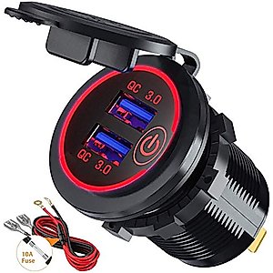 Quick Charge 3.0 Dual USB Car Charger Socket with Touch Switch 12V/24V 36W QC3.0 Dual USB Fast Charger Socket Power Outlet for Marine, Boat, Motorcycle, Truck, Golf Cart(Red)