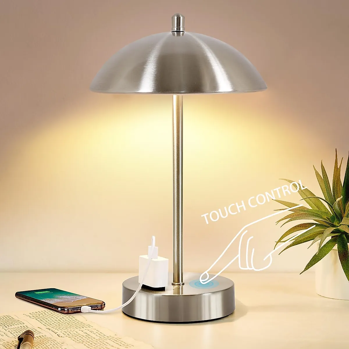 Modern Desk Lamp with AC Adapter,12" 3-Way Dimmable Touch Bedside Reading Lamp, Minimalist Silver Small Nightstand Table Lamp with Mushroom Dome Shade for Bedroom Living Room Office, LED Bulb Included