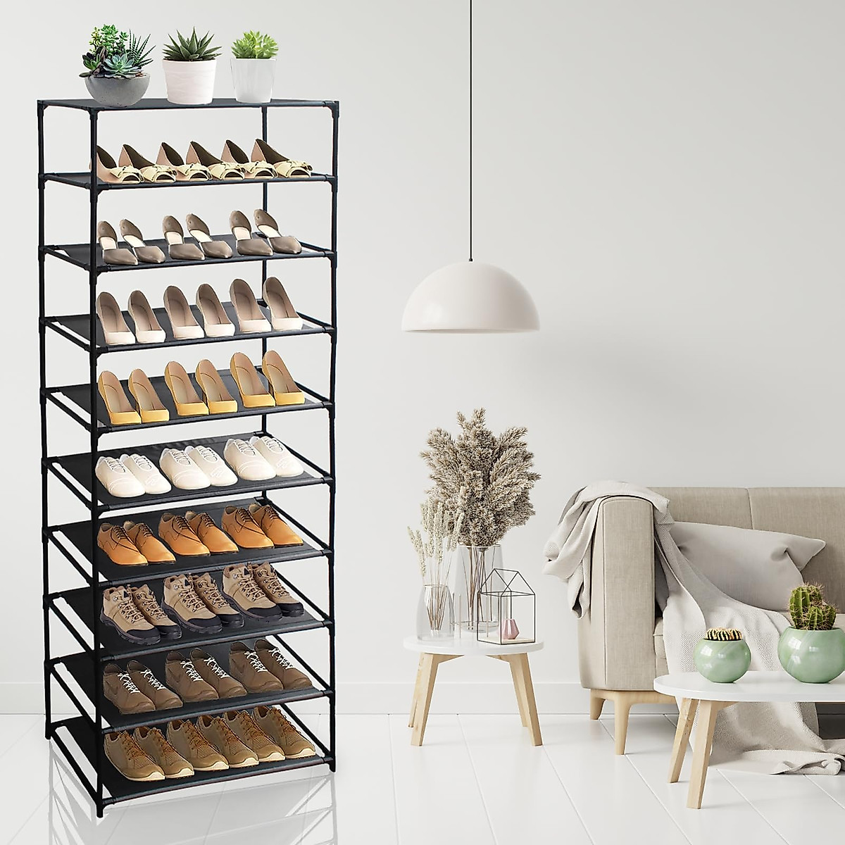 LCyindu Tall Shoe Rack 10 Tiers Narrow Shoe Shelf, 27-30 Pairs of Shoes and Boots Organizer, Black Metal Stackable Shoe Cabinet Space Saving for Entryway, Closet, Bedroom, 23" D x 10.9" W x 61.8" H