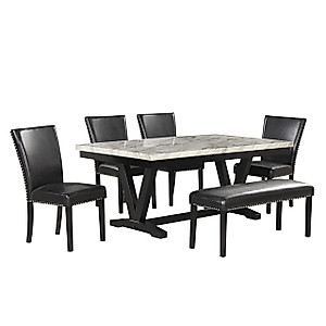 Lifeand 6-Piece Dining Set with 1 Faux Marble Top Table,4 Upholstered Seats and 1 Bench,Black