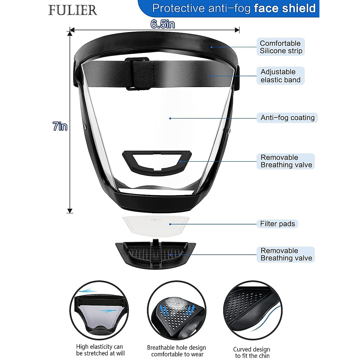 FULIER Transparent Face Mask Anti-Fog Outdoor Full Protection Face Shield HD Clear Mask Replace Safety Glasses (Black)