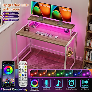 SOROGRA Small Folding Desk 31.5 Inch, Foldable Computer Desks with LED Lights and Monitor Stand, Work Portable Table for Home Office Bedroom, Oak