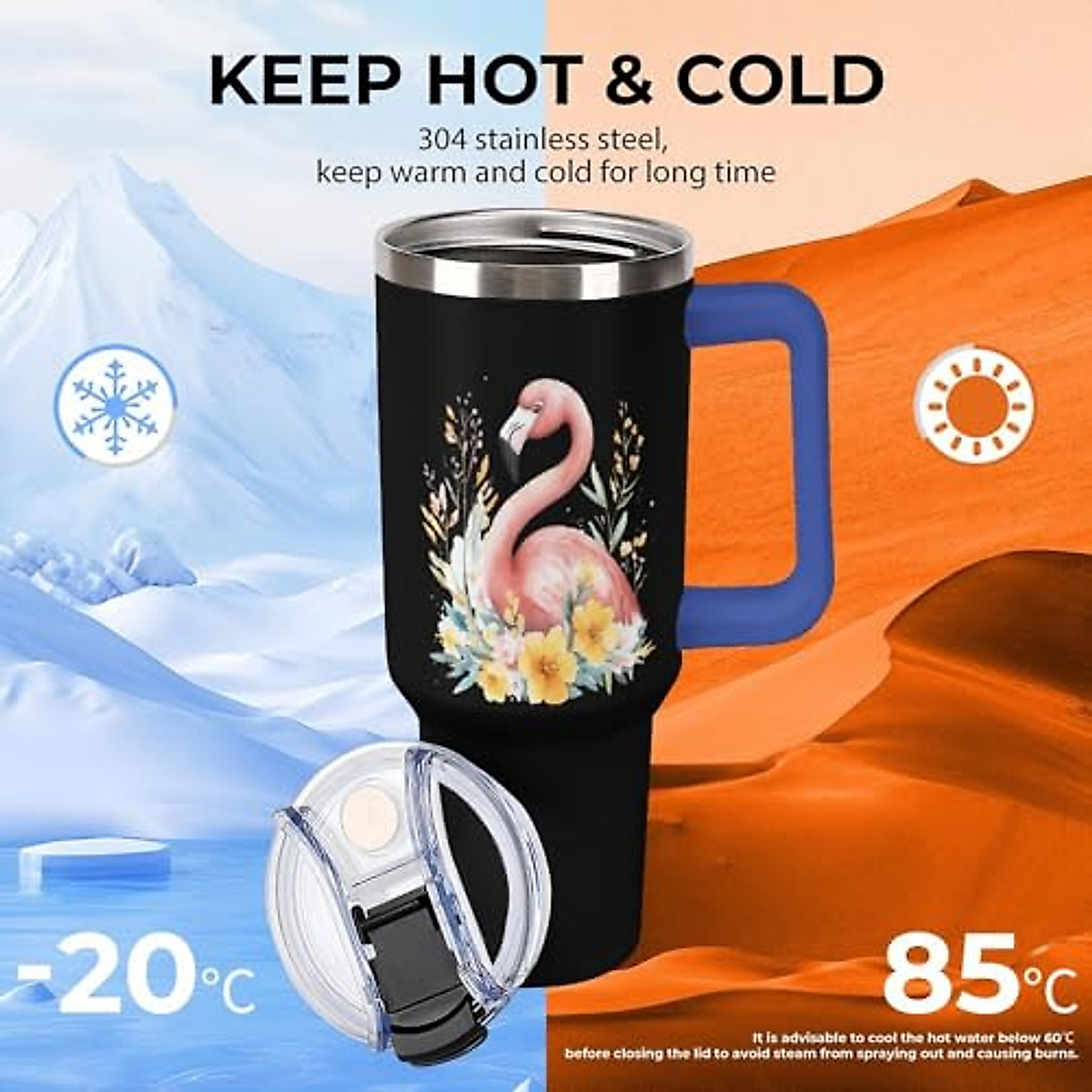 Flamingos In The Floral Bush 40oz Water Bottle Double Wall Insulated Tumbler with Handle Leakproof Travel Mug Deep Blue-style