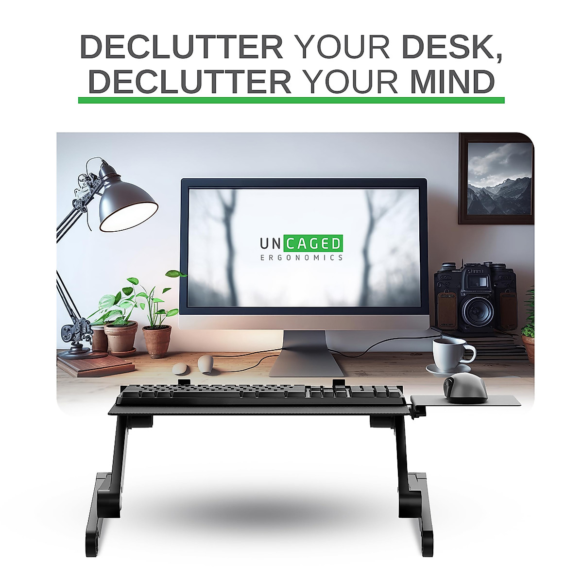 WorkEZ Keyboard and Mouse Tray ergonomic on-desk riser stand adjustable height angle negative tilt Raise computer keyboards to Standing Height sit stand-up standing accessories lift black