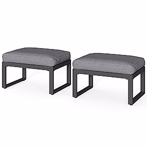 RoyalCraft 2 Pieces Aluminum Outdoor Patio Ottoman Set, Outdoor Foot Stools with Thick Cushion, Small Seat Furniture for Porch Balcony Backyard, Grey