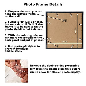 JCJMY 12x12 inch Picture Frame, Horizontal and Vertical Formats for Wall Hanging, 12 x 12 Square Wall Gallery Poster Photo Frame with Durable Shatter Resistant Plexiglass, Black