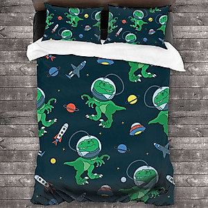 Dinosaurs Spaceship Duvet Cover Twin Size Comforter Cover Soft Bedding Sets 3 Piece with 2 Pillow Shams for Boy Gril