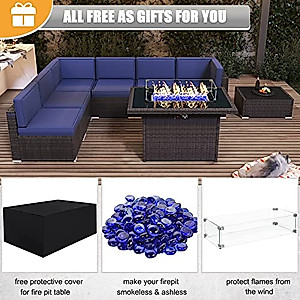 LayinSun 8 Pieces Outdoor Patio Furniture Set with 44" Fire Pit Table Brown Rattan Sectional Sofa Conversation Sets