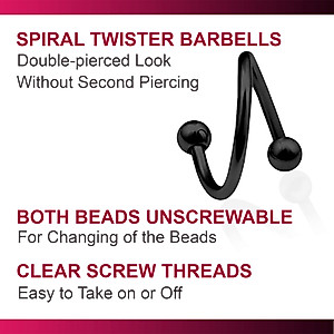 bodyjewellery 2pcs 18g Spiral Barbell Cartilage Earring Lip Tragus Eyebrow Hoop Helix Twisted Bar Black Anodized Studs 3mm balls 8mm