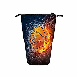 Swono Burning Basketball Pencil Holder Flame Water Ball Stand Up Pencil Case Organizer Pencil Pouch Makeup Bag Great For Teens Girls Boys Gift Blue Black