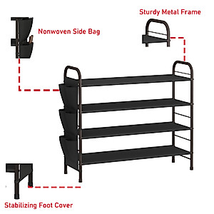SUOERNUO Shoe Rack Storage Organizer 4 Tier Free Standing Metal Shoe Shelf Compact Shoe Organizer with Side Bag for Entryway Closet Bedroom,Bronze
