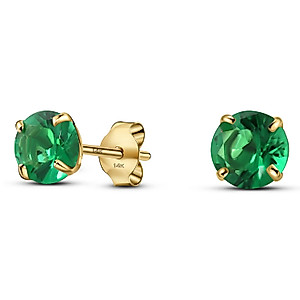 Solid 14K Yellow Gold Round Solitaire Simulated-Emerald-Birthstone Minimalist Stud Earring (5mm, 05-May)