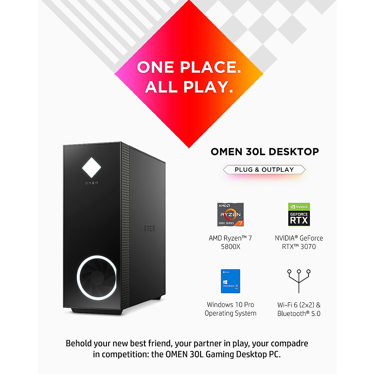 Omen 30L Gaming PC, NVIDIA GeForce RTX 3070, AMD Ryzen 7 5800X, HyperX 32 GB RAM, 1 TB SSD, Windows 10 Pro, Wi-Fi 6 & Bluetooth 5, Liquid Cooling, RGB Lighting (GT13-1170, 2021)