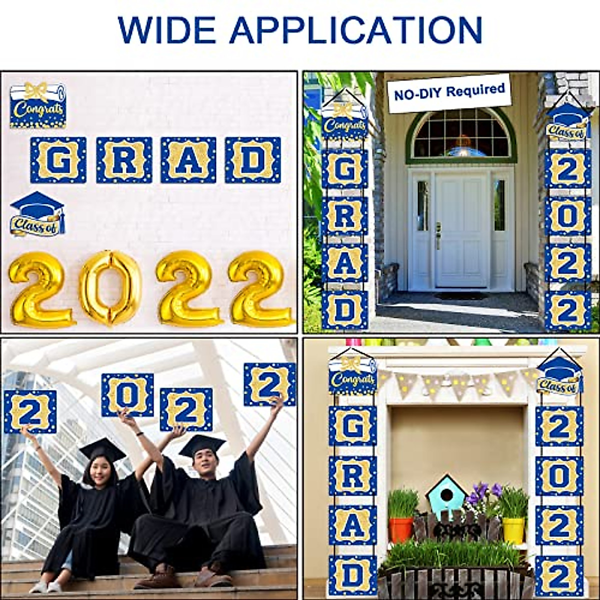 2022 Graduation Banner Set Blue Graduation Party Decoration Porch Sign Grad Party Supplies, Class of 2022 Congrats Grad for College High School (Blue and Gold)