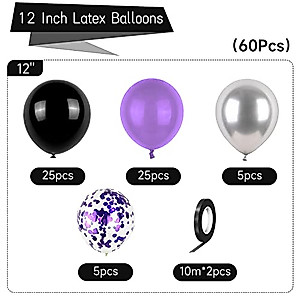 GREMAG Black and Purple Balloon, 60 Pcs Latex Balloon, 12inch Purple Black Silver Confetti Balloon with Ribbons, for Wedding, Birthday Party Decorations, Anniversary, Graduation, Theme Party Supplies