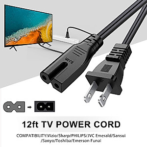 BICMICE 12Ft Extra Long 2 Prong Polarized Power Cord for Vizio-LED-TV Smart-HDTV E-M-Series Sound Bar 2 Slot Adapter-AC-Wall-Cable:IEC-60320 IEC320 C7 to NEMA 1-15P for Sharp Philips LED TV PS1 PS2