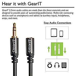 50ft 3.5mm Extension Cable, GearIT Pro Series Preminun Gold Plated 50 Feet 3.5mm Auxiliary Audio Stereo Extension Male to Female Cable, Black