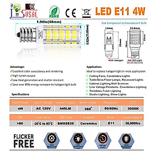 JSVSAL (4-Pack E11 LED Bulb,Not Dimmable, Mini Candelabra E11 Base T4 JD 120V LED Halogen Replacement Bulb, 4W,440 Lumens,35/40W Equivalent (Daylight White(5000K))