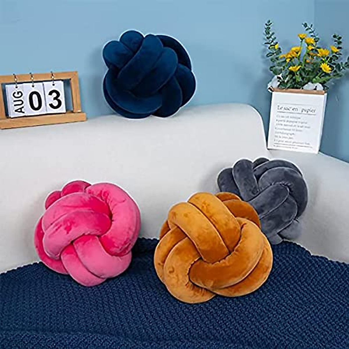 Yefound Navy Blue Knot Ball Pillow Home Decoration Plush Throw Pillow Round Ball Cushion Knotted Pillows for Sofa Car Office Decor, 8inches