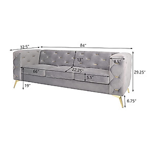 LEVNARY Modern Chesterfield Sofa, Velvet Button Tufted Upholstered 3 Seater Couch, 84 Inches Settee Sofa with High Arm and Golden Metal Legs, Couches for Living Room Bedroom Office (Gray)