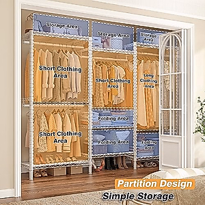 Raybee White Clothing Rack, Heavy Duty Clothes Rack Load 830Lbs, Clothes Racks for Hanging Clothes Rack, Metal Freestanding Closet Wardrobe Rack, Garment Rack Heavy Duty Clothing Rack,77"H x69"W x16"D