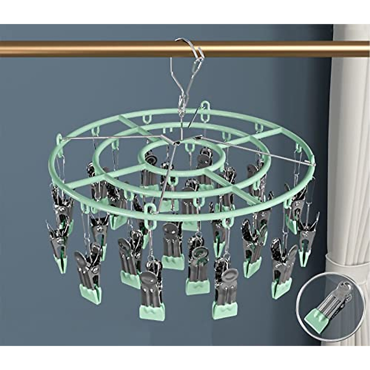 Decohomeforu Stainless Steel Clothes Sock Drying Rack with 24 Clips, Swivel Hook Windproof Clothes Hanger Rack for Sock, Bras, Towel, Underwear, Hat, Scarf, Gloves, Pants Laundry Clothes (Green Clips)