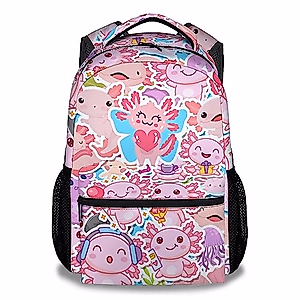 PAKKITOP Axolotl Backpack for Kids Girls, 16" Kawaii Backpack for School, Pink Print Large Capacity Lightweight Bookbag for Students Age 6-8
