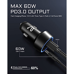 USB C Car Charger, Aergiatech 60W(20W Each) PD 3.0 Fast Car Charger Adapter 3-Port, Type C Car Charger Compatible with iPhone 13/13 Pro/12/12 Pro/11/X/SE, Galaxy S21/S20/Note20, iPad,Black