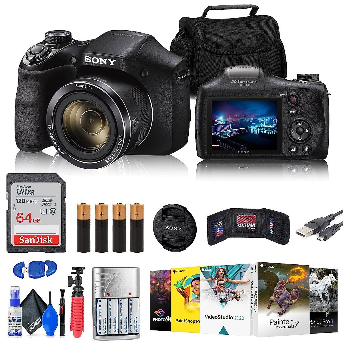 Sony Cyber-Shot DSC-H300 Digital Camera (Black) (DSCH300/B) + 64GB Memory Card + Card Reader + Corel Photo Software + Case + Flex Tripod + 4xAA Batteries + Memory Wallet + Cleaning Kit (Renewed)