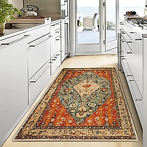 Boho Area Rug, 4' x 6' Machine Washable Rugs for Entryway Faux Wool Large Rugs Distressed Throw Rug Non-Slip Floor Carpet for Indoor Bedroom Kitchen Living Room