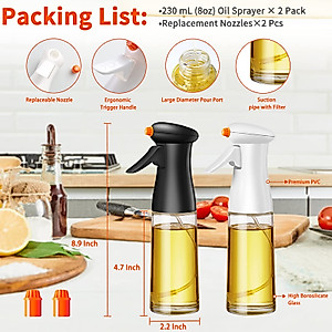 Oil Sprayer for Cooking, Olive Oil Sprayer, 2 Pcs Olive Oil Spray Bottle, 230mL Oil Sprayer for Air Fryer Olive Oil Mister Spray Bottle for Cooking BBQ Salad Large Capacity Durable Glass Oil Spritzer
