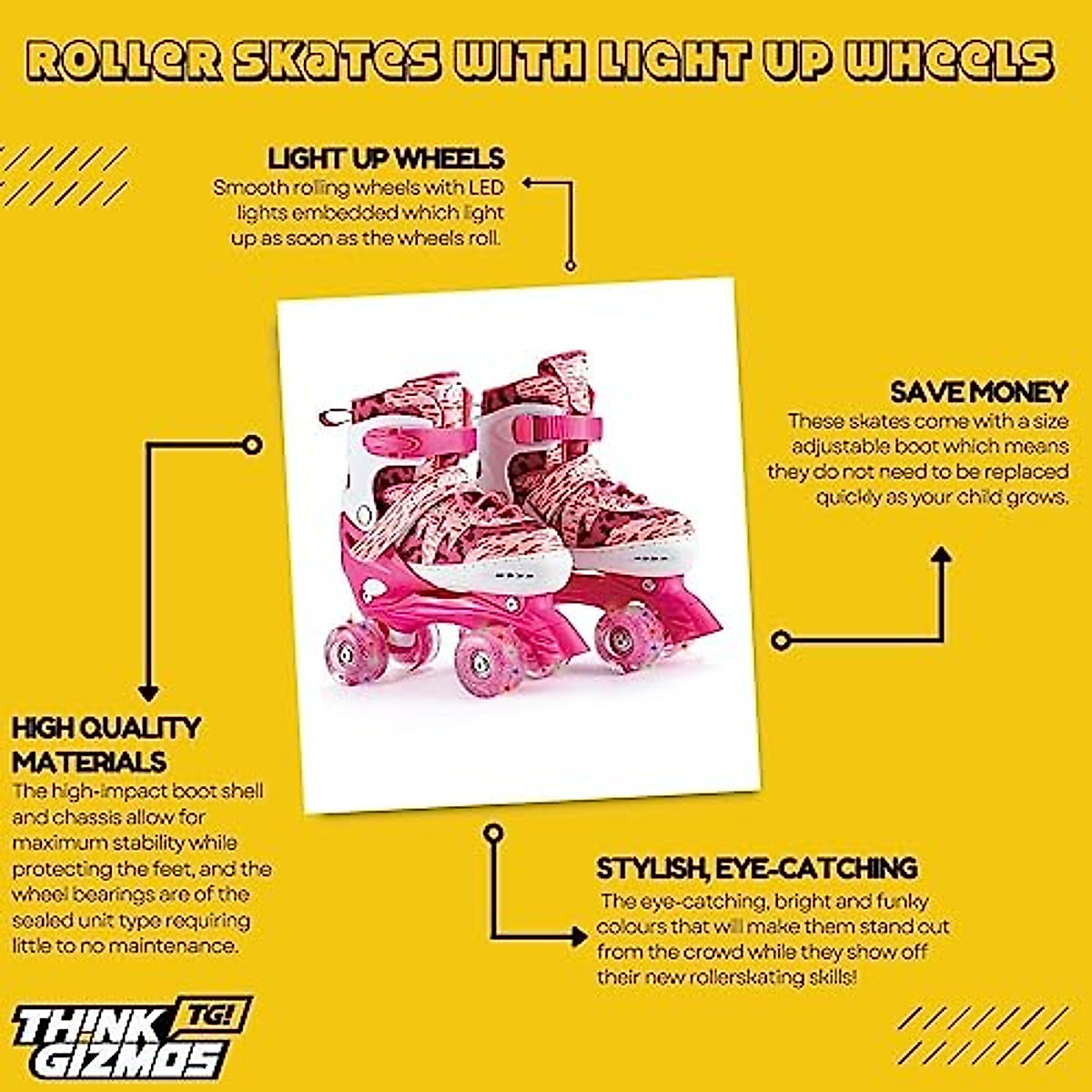 Think Gizmos Girls Roller Skates - Comfort Fit Adjustable Boot Size (1-4), Light Up Wheels, Super Smooth Rolling, Adjustable Straps, Suitable for Indoor and Outdoor Skating - Pink