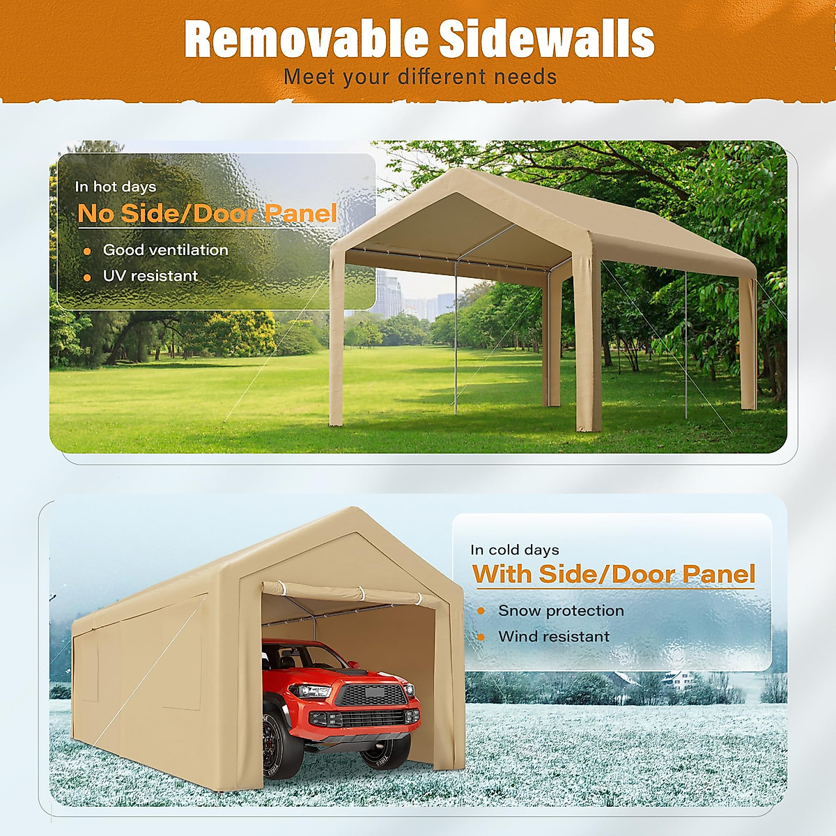 Betterland Carport, 10'x 20' Heavy Duty Carport Canopy，Outdoor Portable Garage with 2 Roll-up Doors & 4 Mesh Windows,All Weather Outside Car Shed for Car, Pickup,and Boat, Khaki