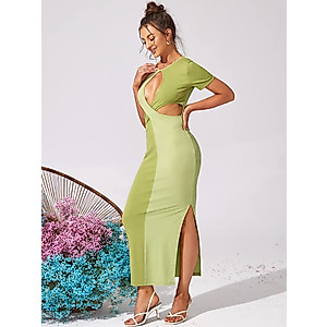 WDIRARA Women's Sexy Cut Out Keyhole Front Dress Split Side Hem Colorblock Short Sleeve Bodycon Casual Maxi Dresses Green M