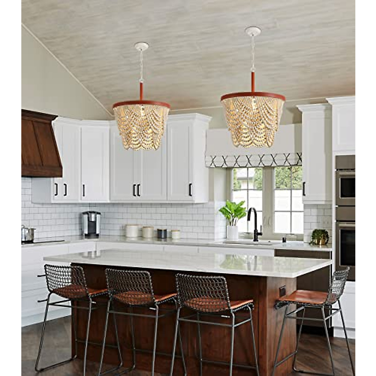 Q&S Boho Wood Beaded Chandelier,Large 5-Lights Farmhouse Coastal Bohemia Chandeliers for Dining Room Living Room Foyer Kitchen Island Restaurant UL Listed Assembly Complete W20