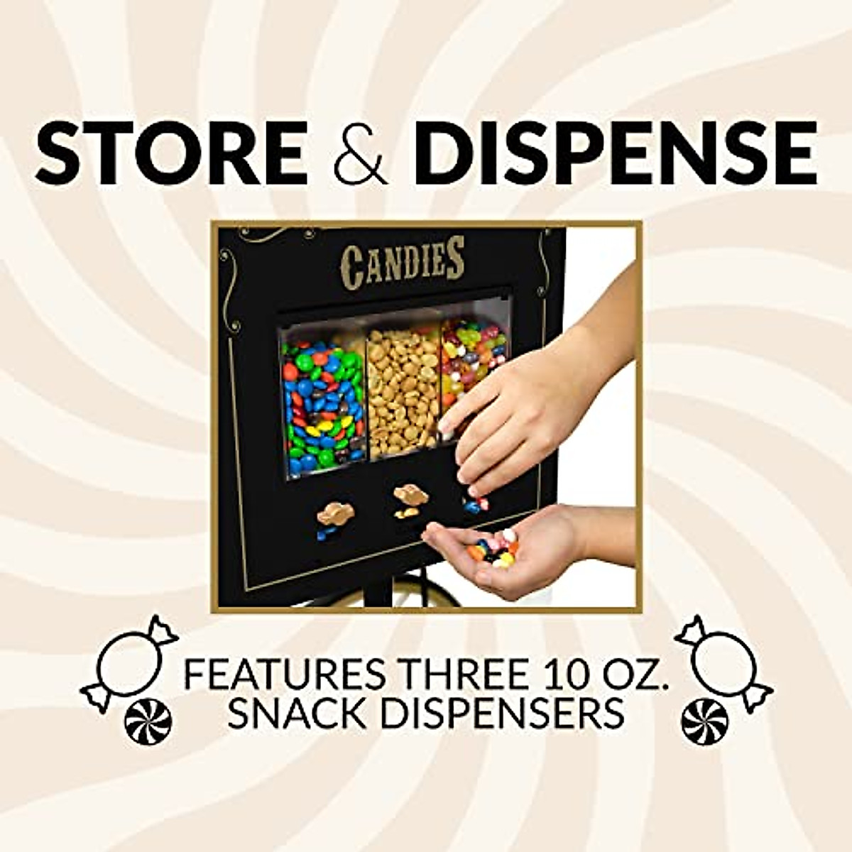 Nostalgia Popcorn Maker Professional Cart, 8 Oz Kettle Makes Up to 32 Cups, Vintage Movie Theater Popcorn Machine with Three Candy Dispensers and Interior Light, Measuring Spoons and Scoop, Black