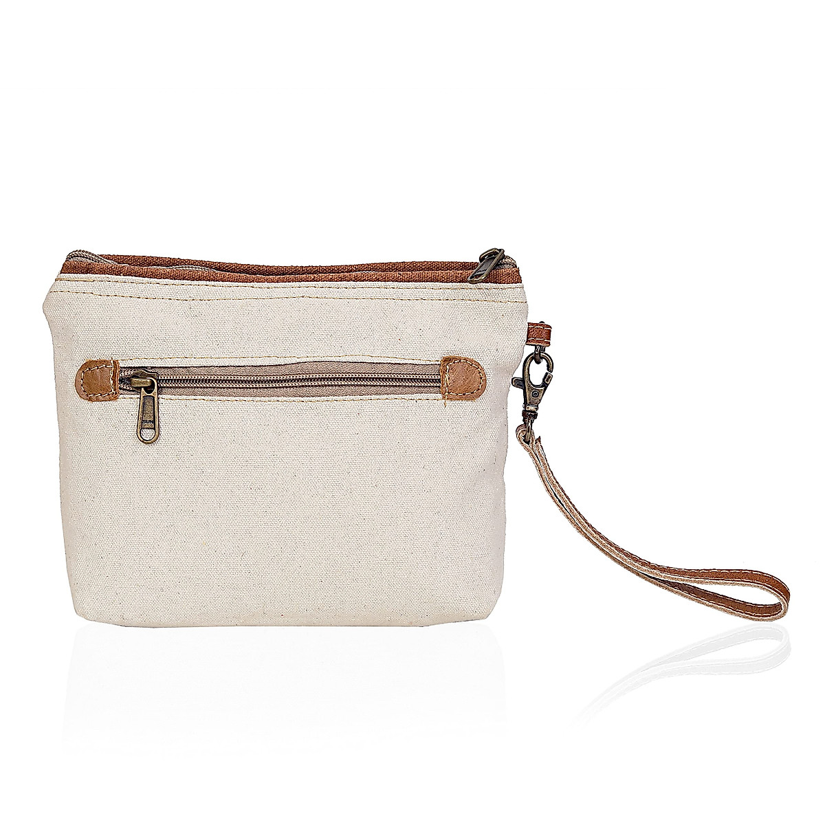 Upcycled Canvas & Leather Wristlet Wallet Handbag for Women Off-white