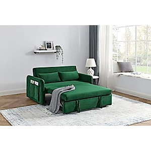 HomSof 2 Pillows and Living Room Adjustable Backrest, Grid Design Armrests 55" Modern Convertible 2 Detachable Arm Pockets, Velvet Loveseat Sofa with Pull Out Bed, Style B, Green