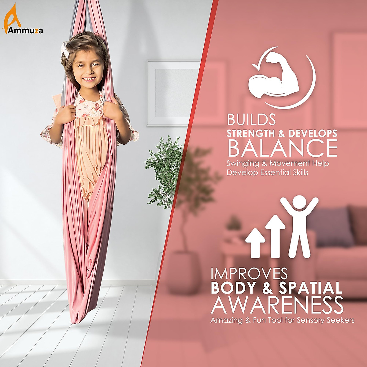 AMMUZA Indoor Sensory Swing For Kids & Adults 200lb - Therapy Swing For Autism, ADHD, Aspergers - Indoor Hammock Kids Swing, Calming Relaxing 360° Adjustable Sensory Toys Gifts (Pink & Grey)