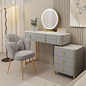Women Dressing Table with Mirror and Lights,Makeup Vanity with 6 Drawers, Chair,Cabinet, Vanity Mirror with 3-Color Touch Screen Lighted,Makeup Desk for Bedroom (Gray, 47inch)