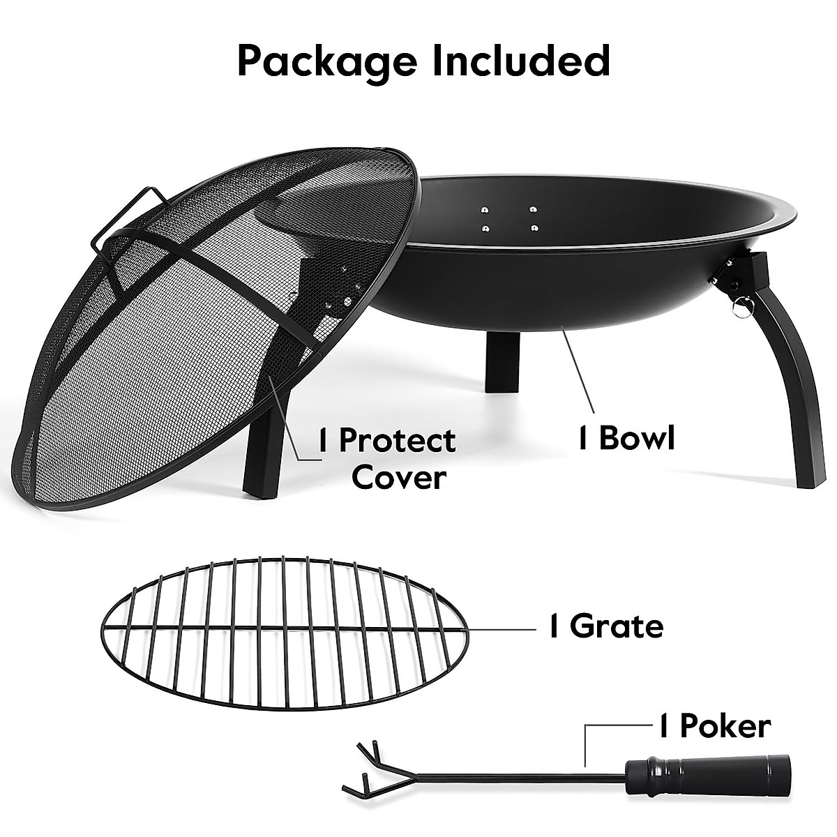 AMAGABELI GARDEN & HOME Fire Pit Outdoor Wood Burning Portable Folding 22in Firepit Firebowl Fireplace Poker Spark Screen Retardant Mesh Lid Deep Round Outside Backyard Camping Metal Grate ET286