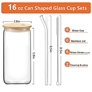 JOYMATE Drinking glasses with Bamboo Lids and Glass Straws 6pcs Set 16oz Can Shaped Glass Cups，Coffee Glasses，Cold Drinks Glasses，Cute Tumbler Cup，Cocktails cups，easy to clean-2 brushes