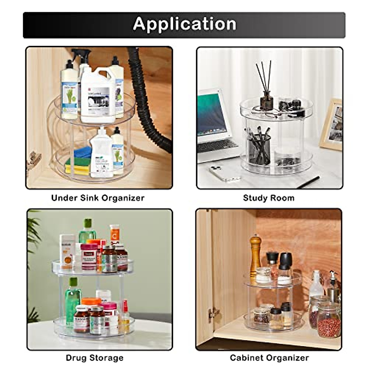 Wisekoti 2-Tier Lazy Susan Turntable for Cabinet and Table. Clear Acrylic Spice Rack, High-Grade Makeup and Carousel Organizer with 360° Rotation, Ideal for Kitchen, Bathroom, and Dresser Storage