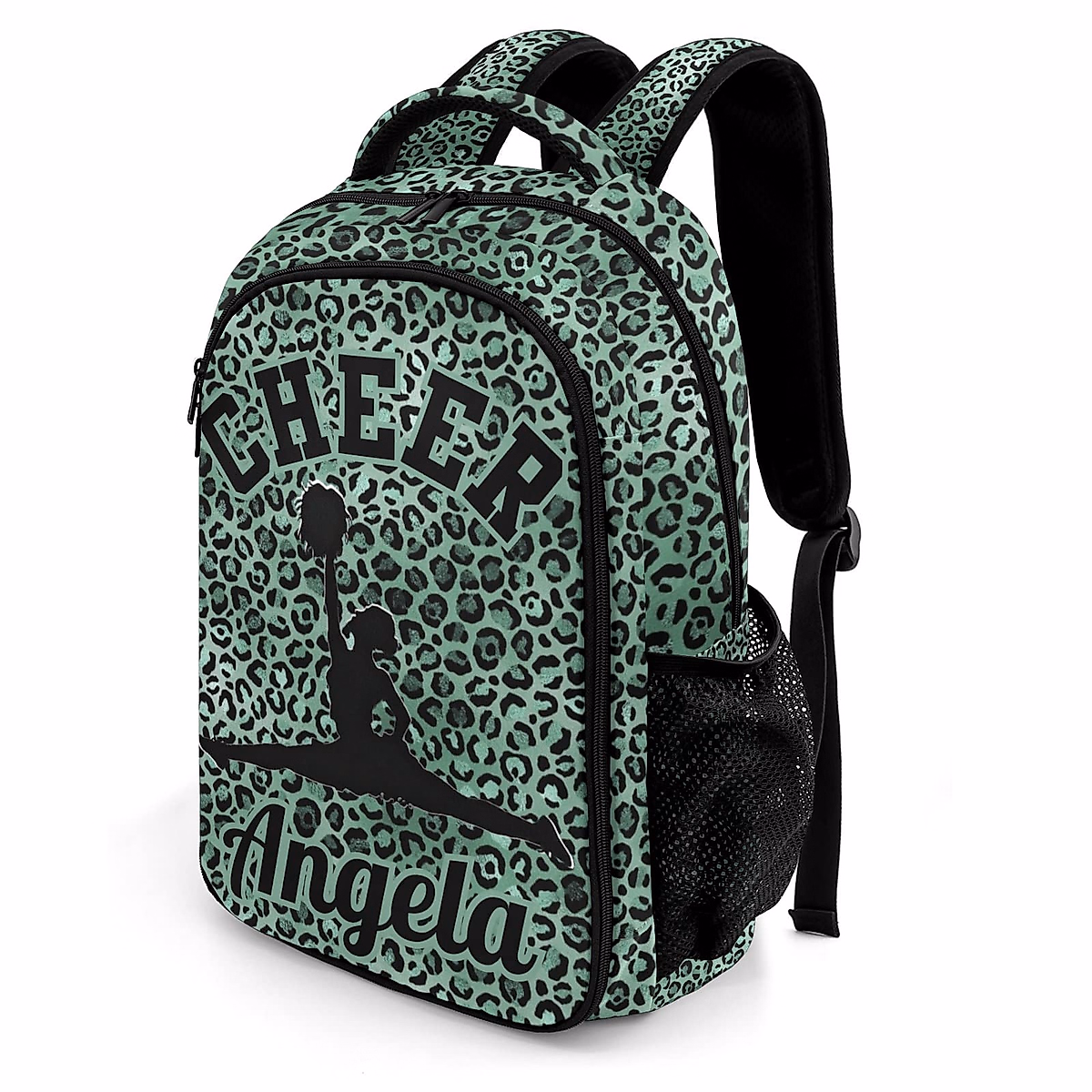 Anneunique Custom Cheerleader Backpack Custom Multifunctional Waterproof Laptop Bag for Travel Gift Leopard Print Green Cheer
