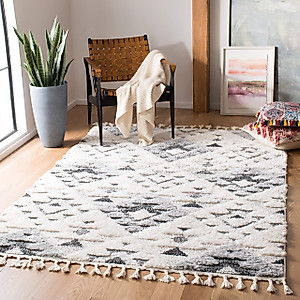 SAFAVIEH Moroccan Tassel Shag Collection Area Rug - 3' Square, Ivory & Grey, Boho Design, Non-Shedding & Easy Care, 2-inch Thick Ideal for High Traffic Areas in Living Room, Bedroom (MTS688F)