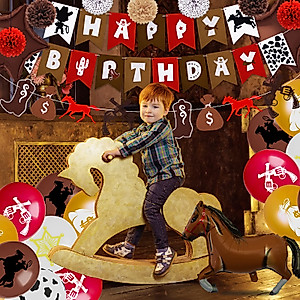BORAMDO Western Cowboy Birthday Party Decoration Pack 59 Pcs, Cowboy Theme Party Supplies Include Happy Birthday Banner Horses Garland Cake Cupcake Toppers Paper Flowers Balloons Set for Western Party