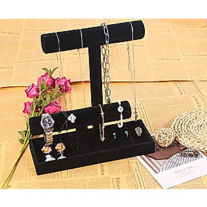 ByKen Multi-Functional Necklace Holder,Bracelet Holder,Jewelry Organizer Stand with Earrings Rings Tray,Jewelry Holder for Scrunchie Watches Detachable(Black Velvet)