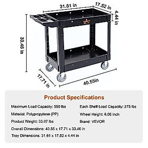 VEVOR Utility Service Cart, 2 Shelf 550LBS Heavy Duty Plastic Rolling Utility Cart with 360° Swivel Wheels, Medium Lipped Shelf, Ergonomic Storage Handle for Warehouse Garage Cleaning Office