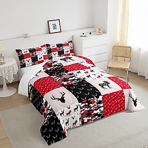 Erosebridal Boys Camo Comforter Set, Deer Silhouette Bedding Set Twin for Kids Teens Adult, Black White Red Camouflage Quilted Comforter Antlers Grid Checkered Down Comforter with 1 Pillow Case